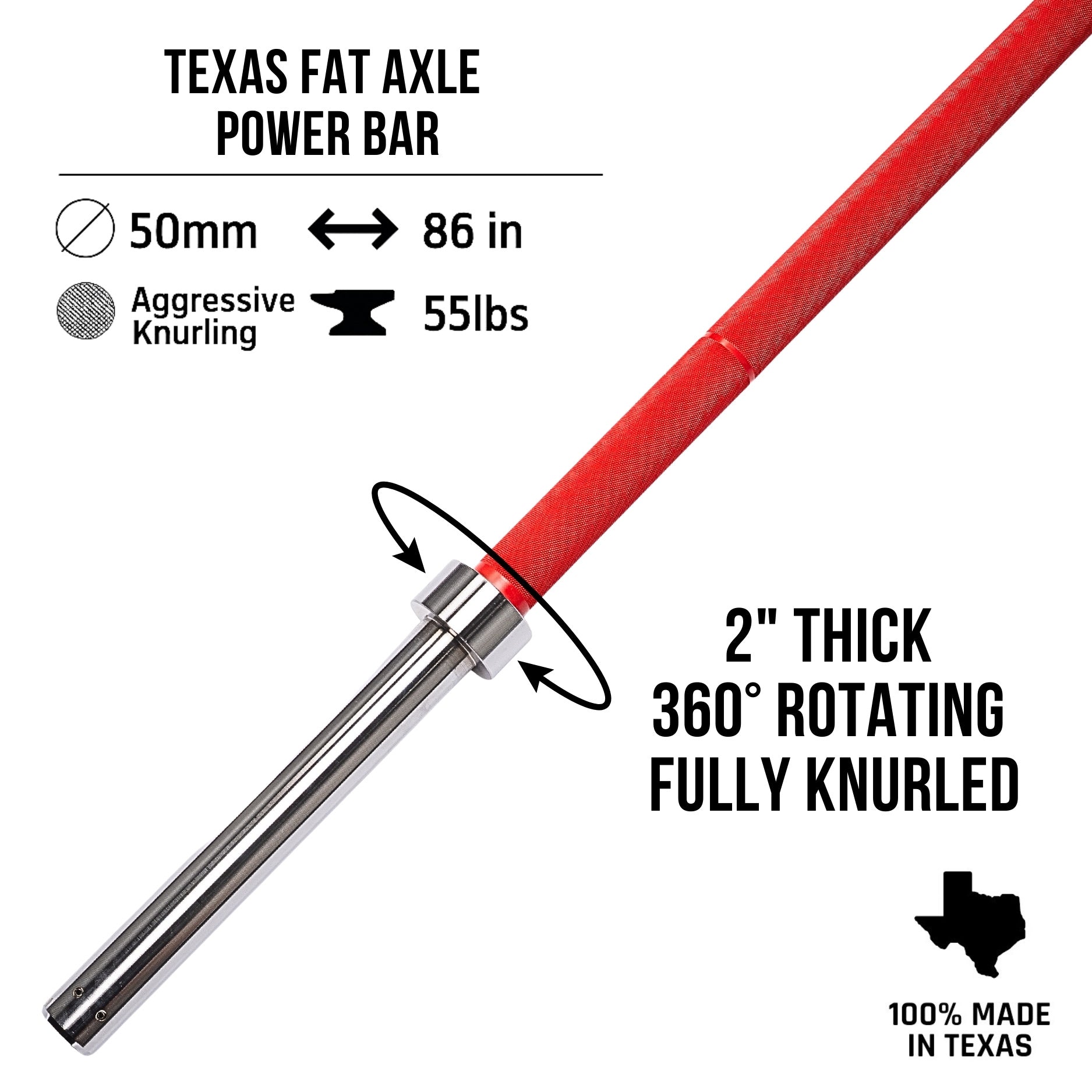 Texas Fat Axle Power Bar | 2" Thick, 360° Sleeves, & Full Knurling